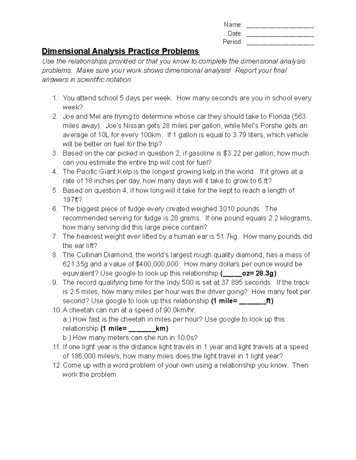 Dimensional Analysis Random Practice Problems - Name ...