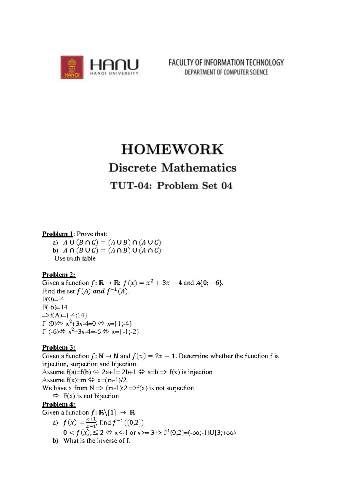 Set 4 DMA - QASD - Problem 1: Prove that: a) 𝐴 ∪ (𝐵 ∩ 𝐶) = (𝐴 ∪ 𝐵) ∩ (𝐴 ...