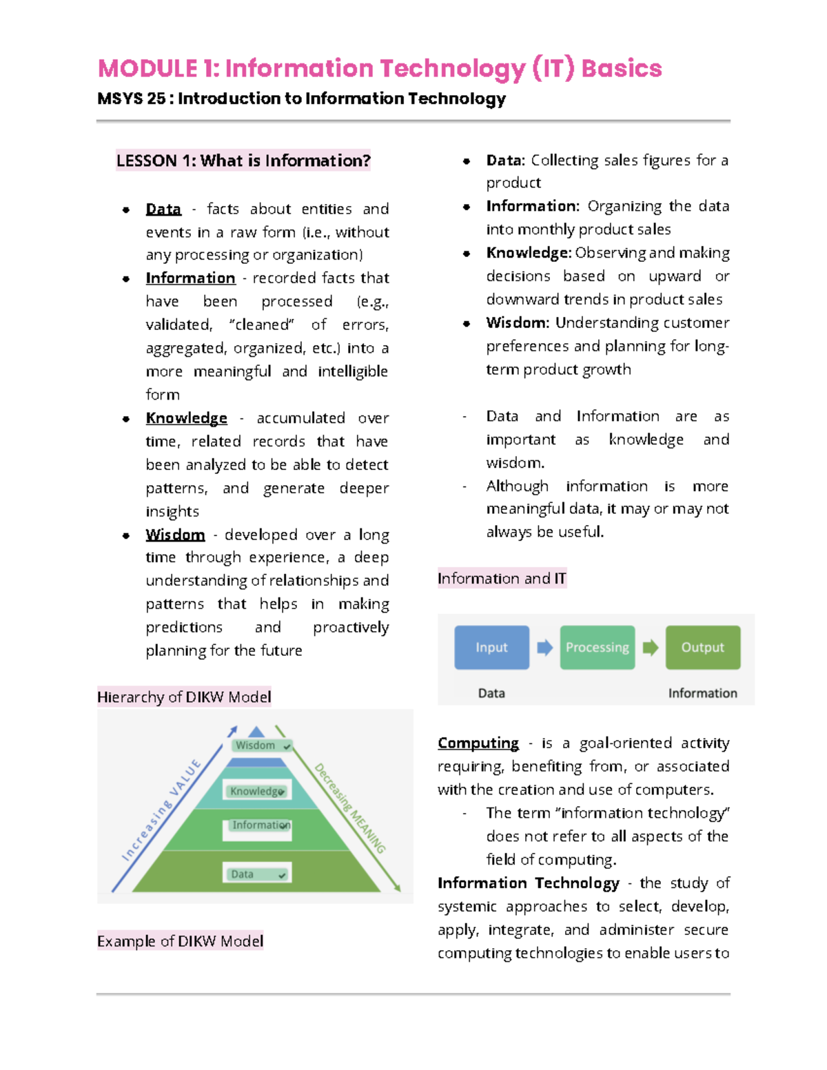 MSYS 25 Module 1 - MSYS 25 : Introduction to Information Technology ...