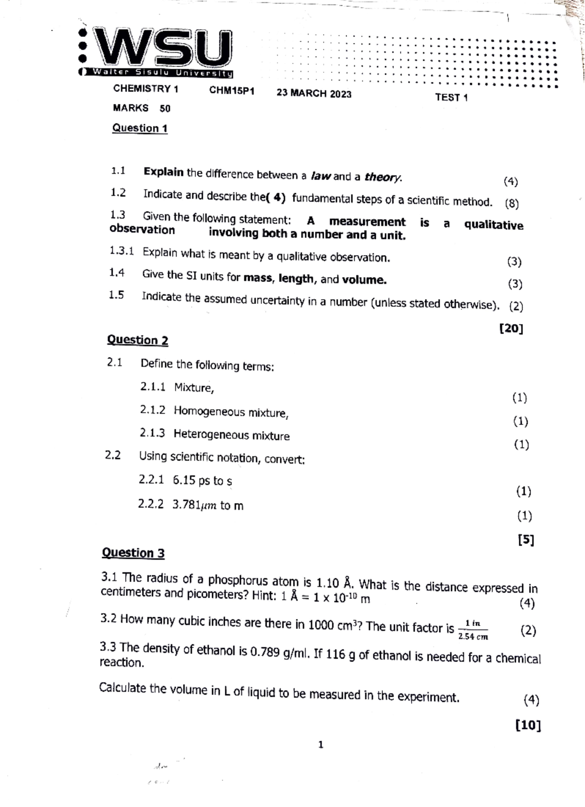 Chemistry 1 {TEST 1-3} - CHE31M1 - Studocu