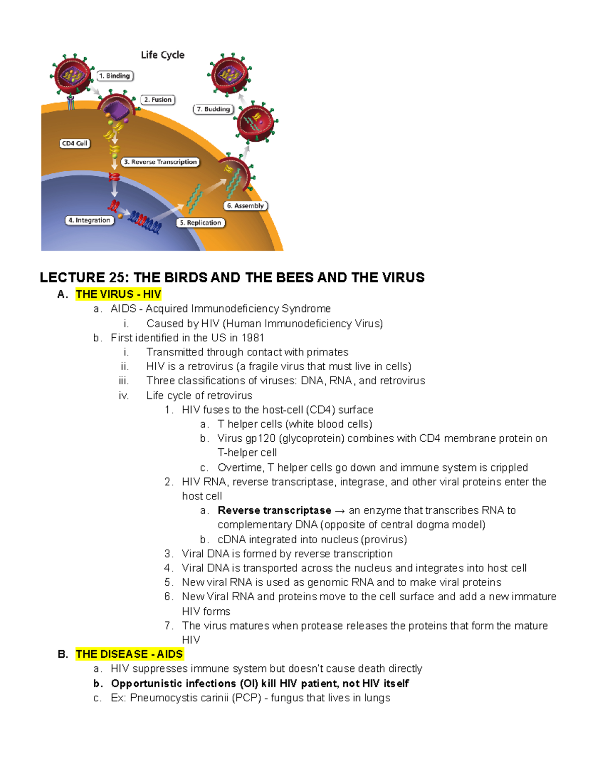 BIOL121 Lecture 25 Notes - HIV - LECTURE 25: THE BIRDS AND THE BEES AND ...