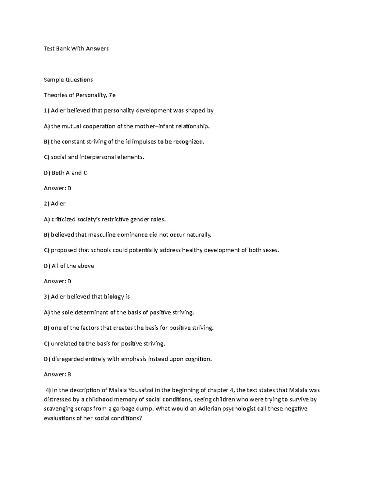 Theories of Personality - Adler - Test Bank With Answers Sample ...