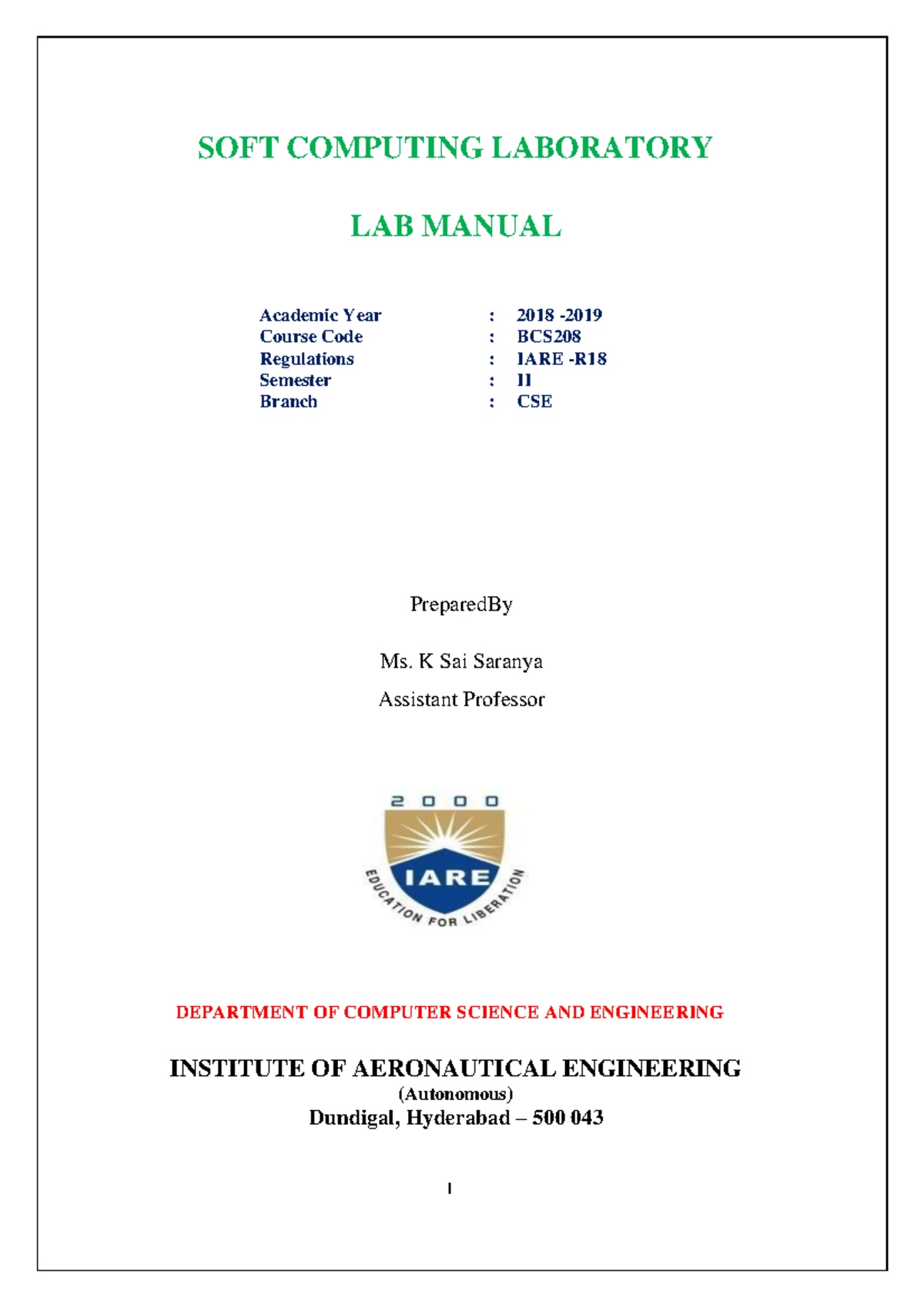 Iare Soft Computing Lab Manual 1 Soft Computing Laboratory Lab Manual