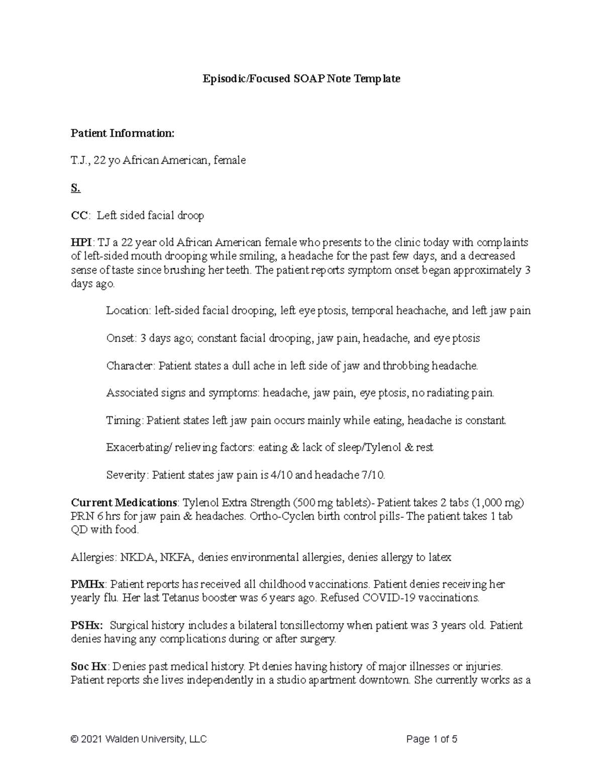 Wk9Assgn 1 Marlar S HA - ... - Episodic/Focused SOAP Note Template ...