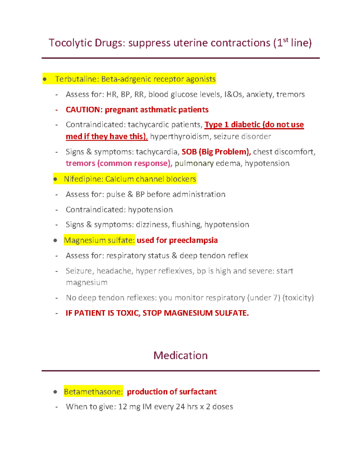 Quiz 5 OB - Tocolytic Drugs: suppress uterine contractions (1st line ...