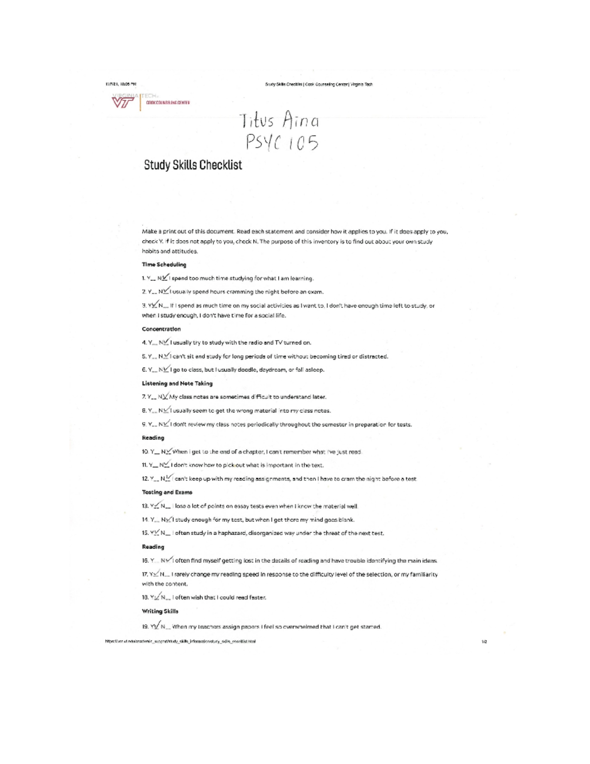 Study Skills Assessment Checklist - PSYC 105 - Studocu