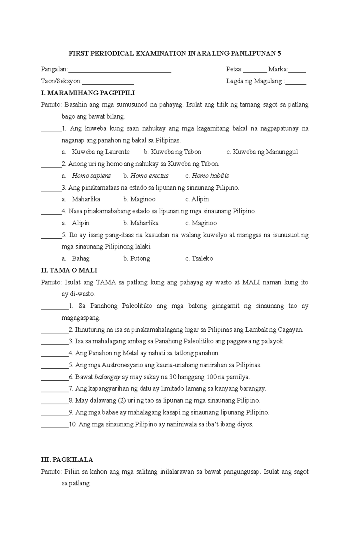 Periodical Exam AP-Grade 5() - FIRST PERIODICAL EXAMINATION IN ARALING ...