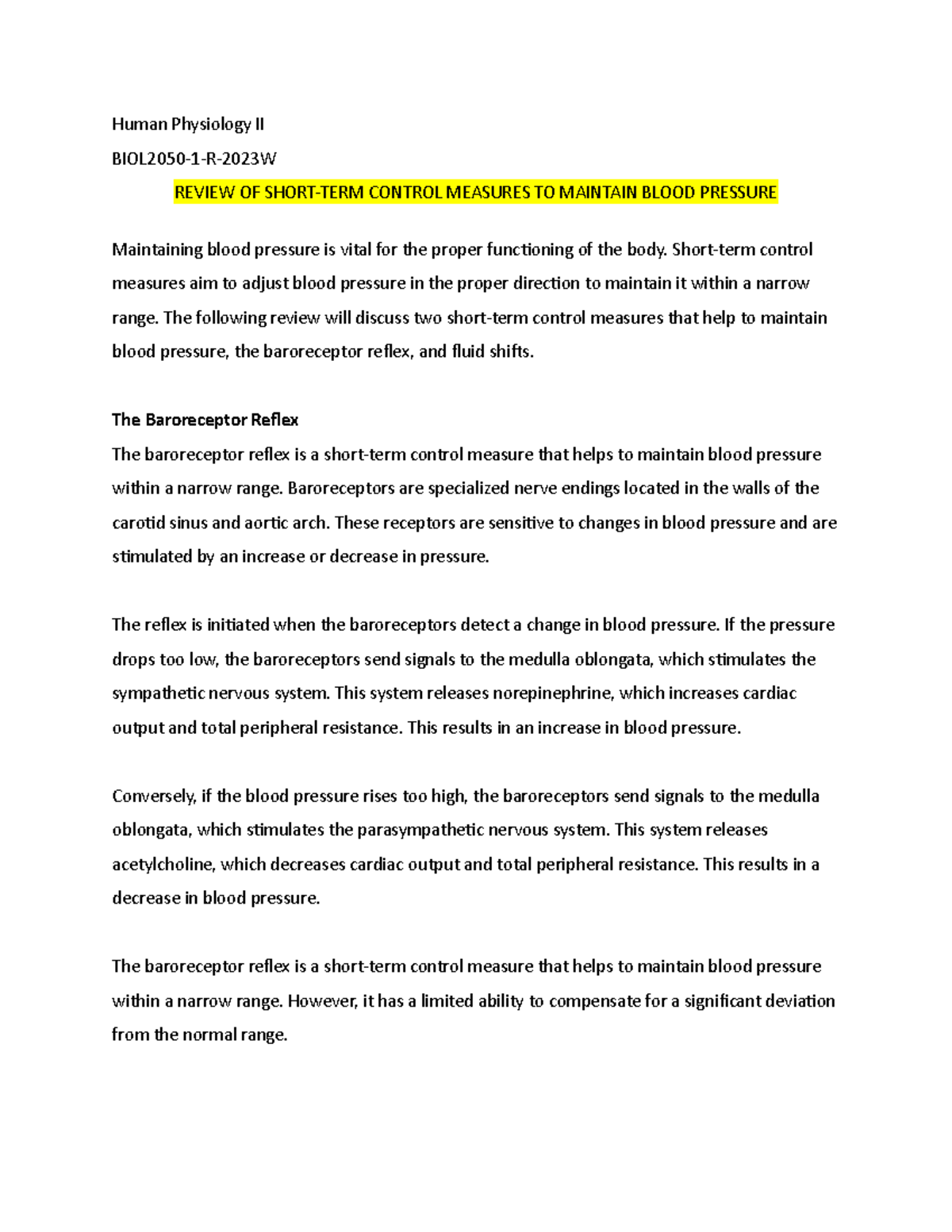 Human Physiology II review OF Short-TERM Control Measures TO Maintain ...
