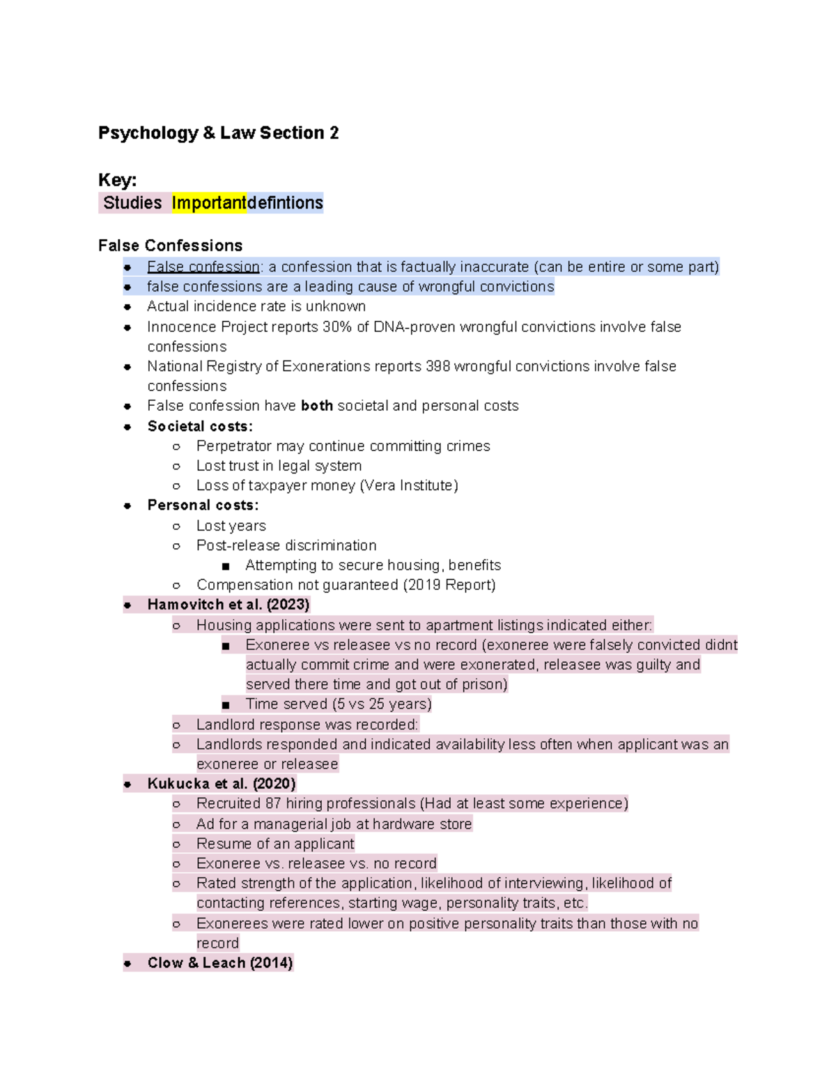 Psych 383 notes - Psychology & Law Section 2 Key: Studies ...