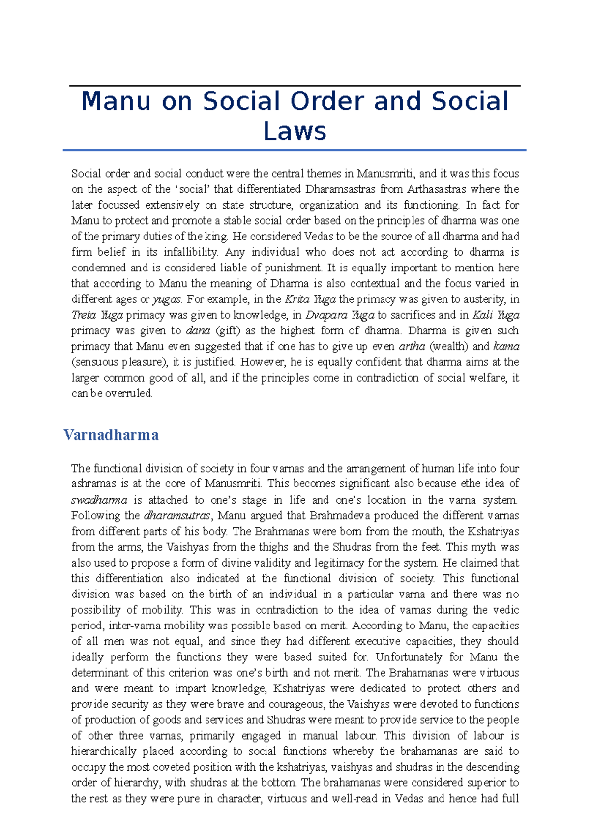 Manu on Social Order and Social Laws - Manu on Social Order and Social ...