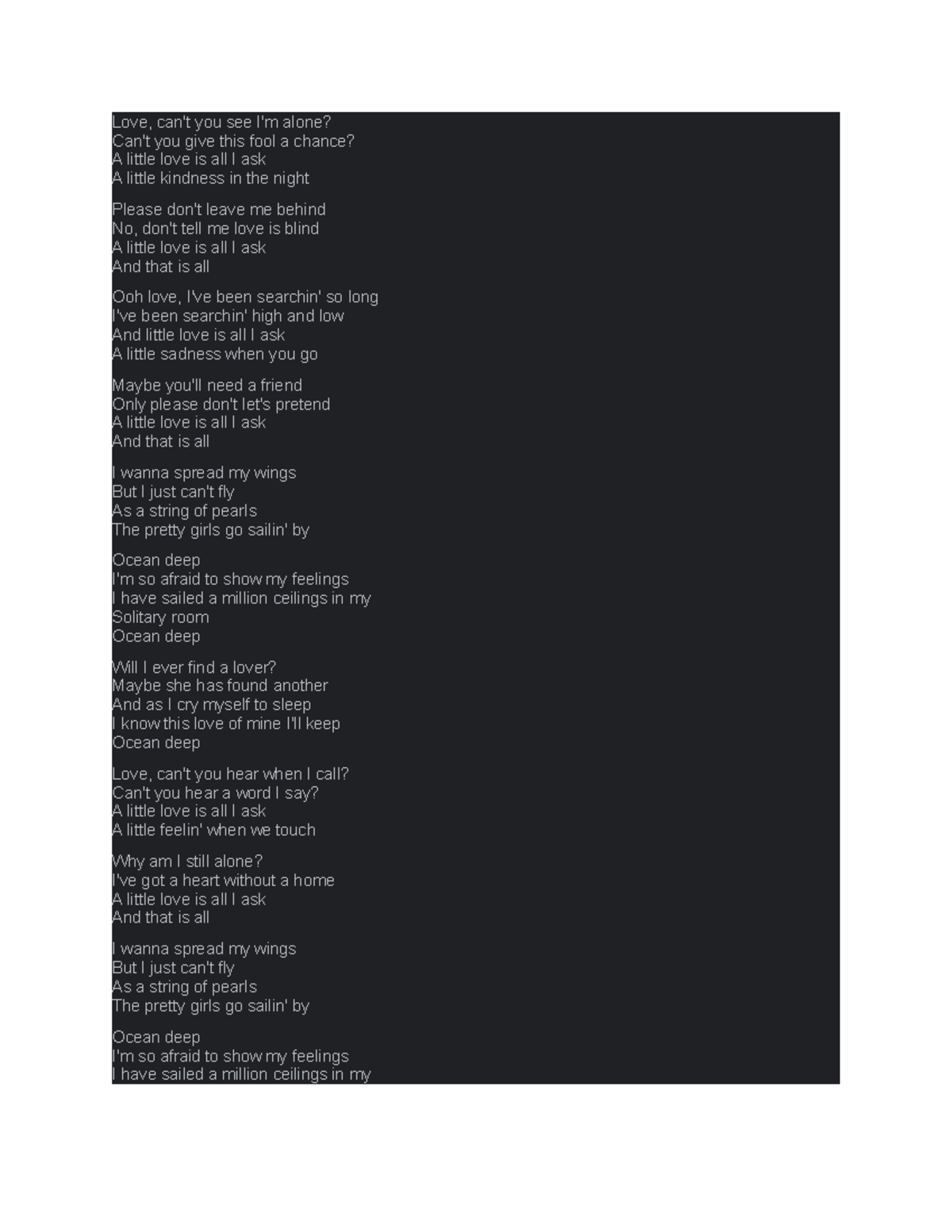 Ocean deep - song lyrics - Love, can't you see I'm alone? Can't you ...