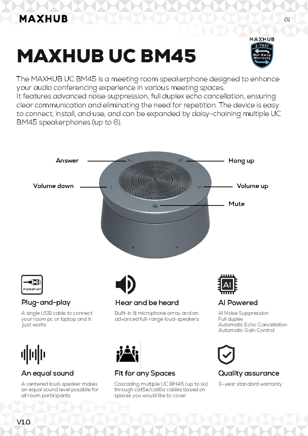 Maxhub UC BM45 Datasheet V1 - 01 MAXHUB UC BM The MAXHUB UC BM45 is a meeting room speakerphone ...