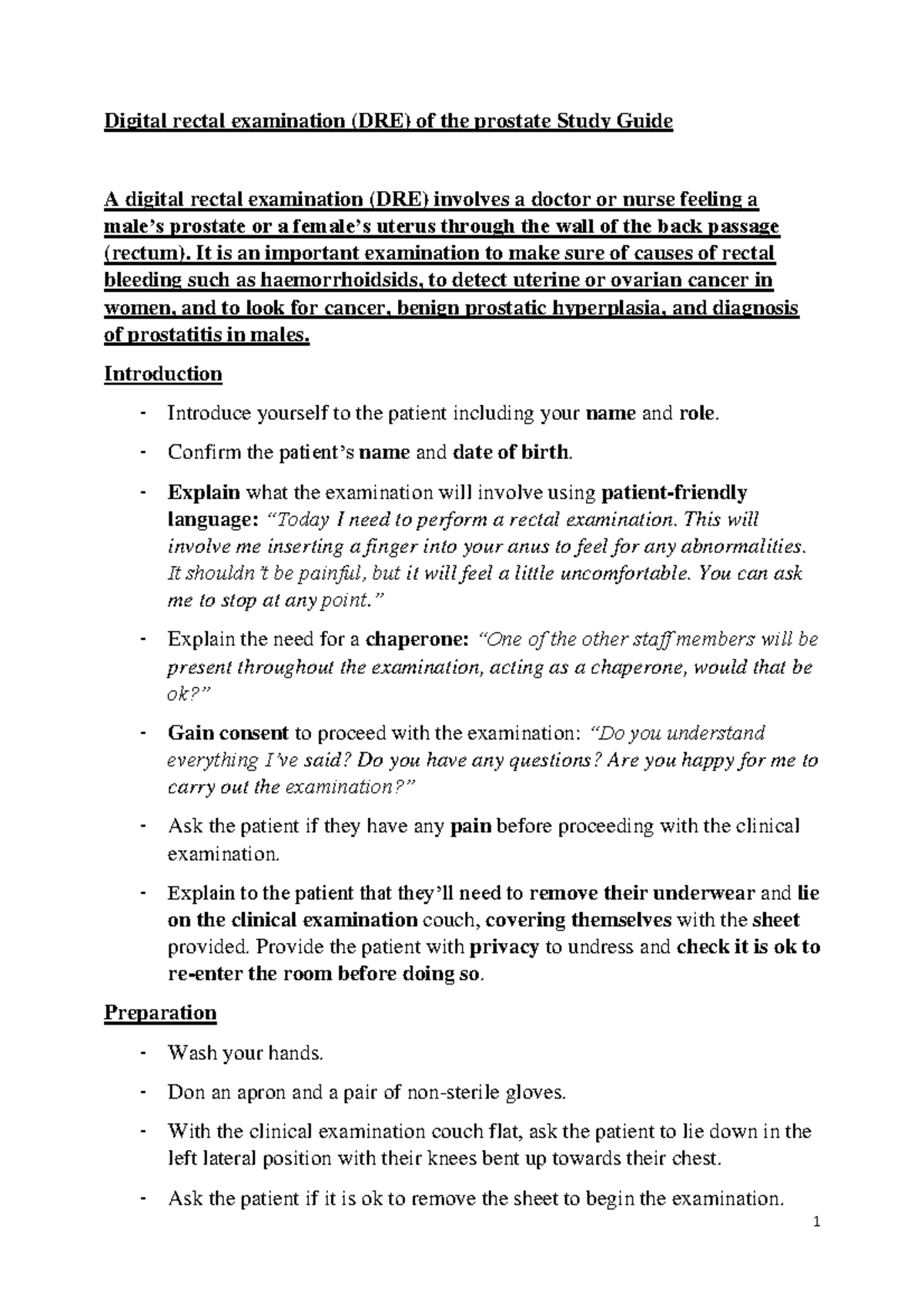 Digital rectal examination (DRE) of the prostate Study Guide - It is an ...