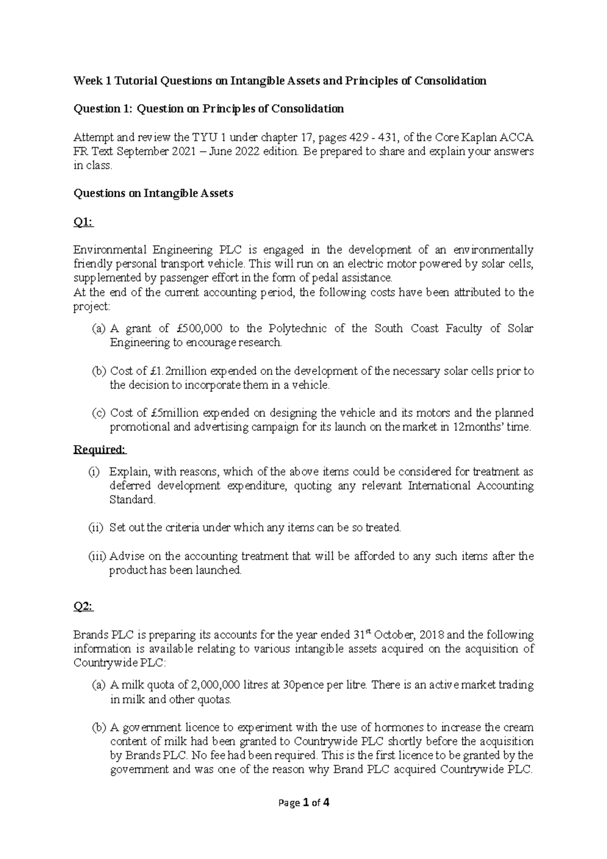 Tutorial Questions - IAS 38 Intangibles and IFRS 10 Intro to ...