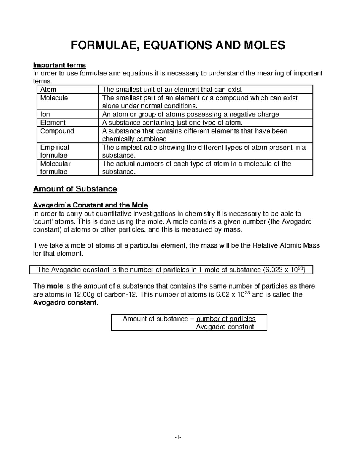 1.3 Formulae, Equations and Moles - FORMULAE, EQUATIONS AND MOLES Important terms In order to ...