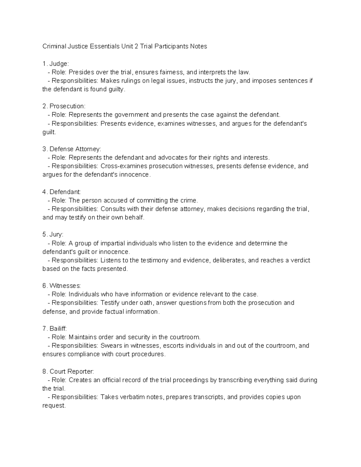 Criminal Trial Participants Notes 2 - Criminal Justice Essentials Unit ...