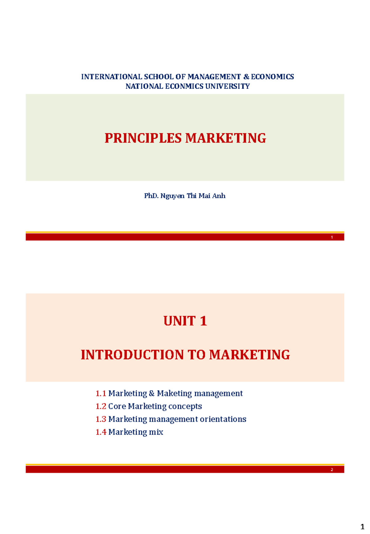 Unit 1 - Introduction to Marketing - 1 PRINCIPLES MARKETING PhD. Nguyen ...