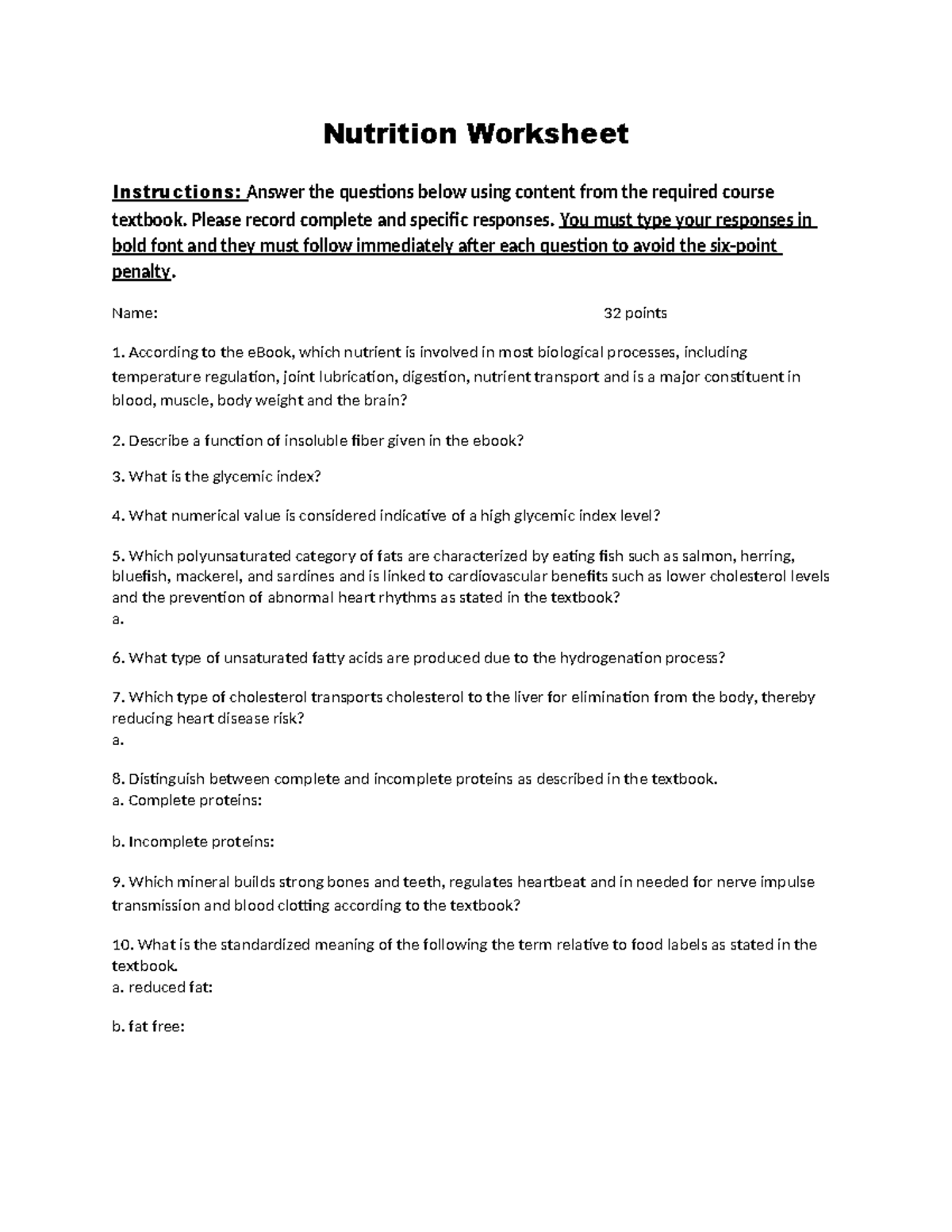 Nutrition Wkst HYD IC - Nutrition Worksheet Instructions: Answer the ...