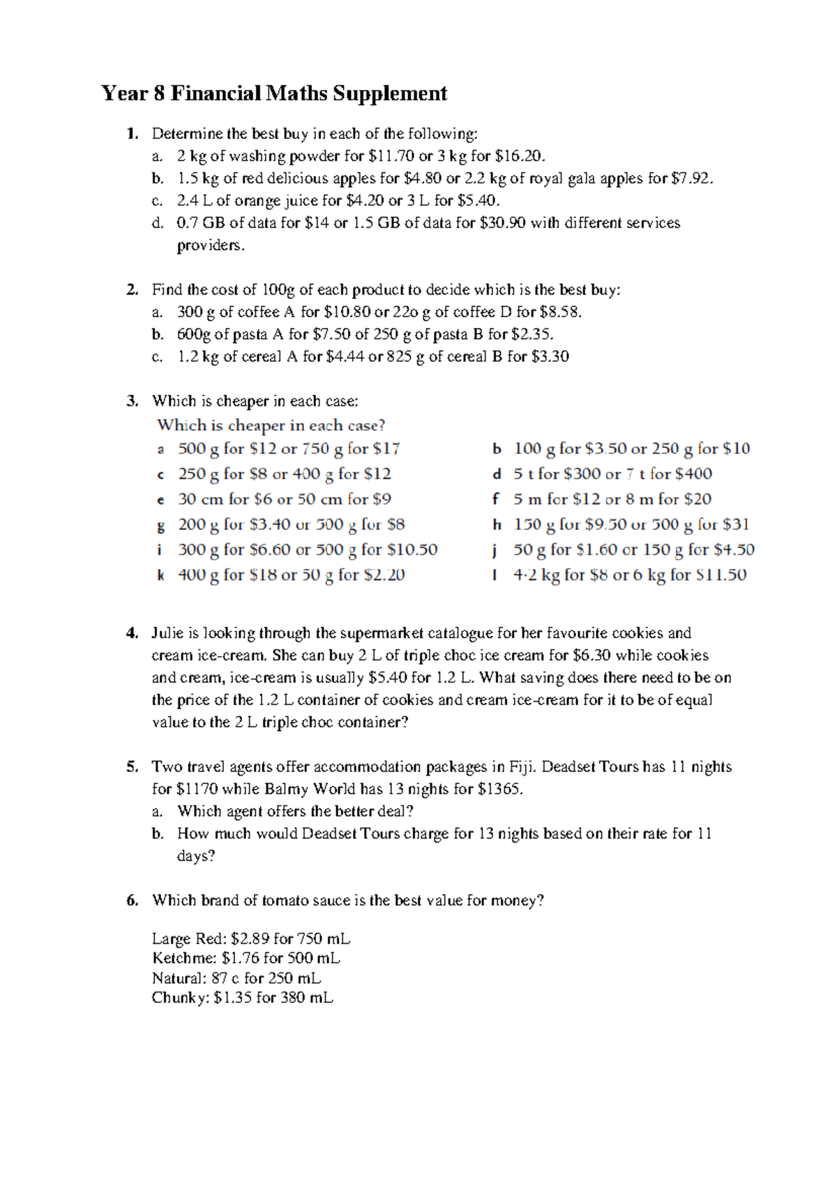 Financial Maths Supplement - Year 8 Financial Maths Supplement ...