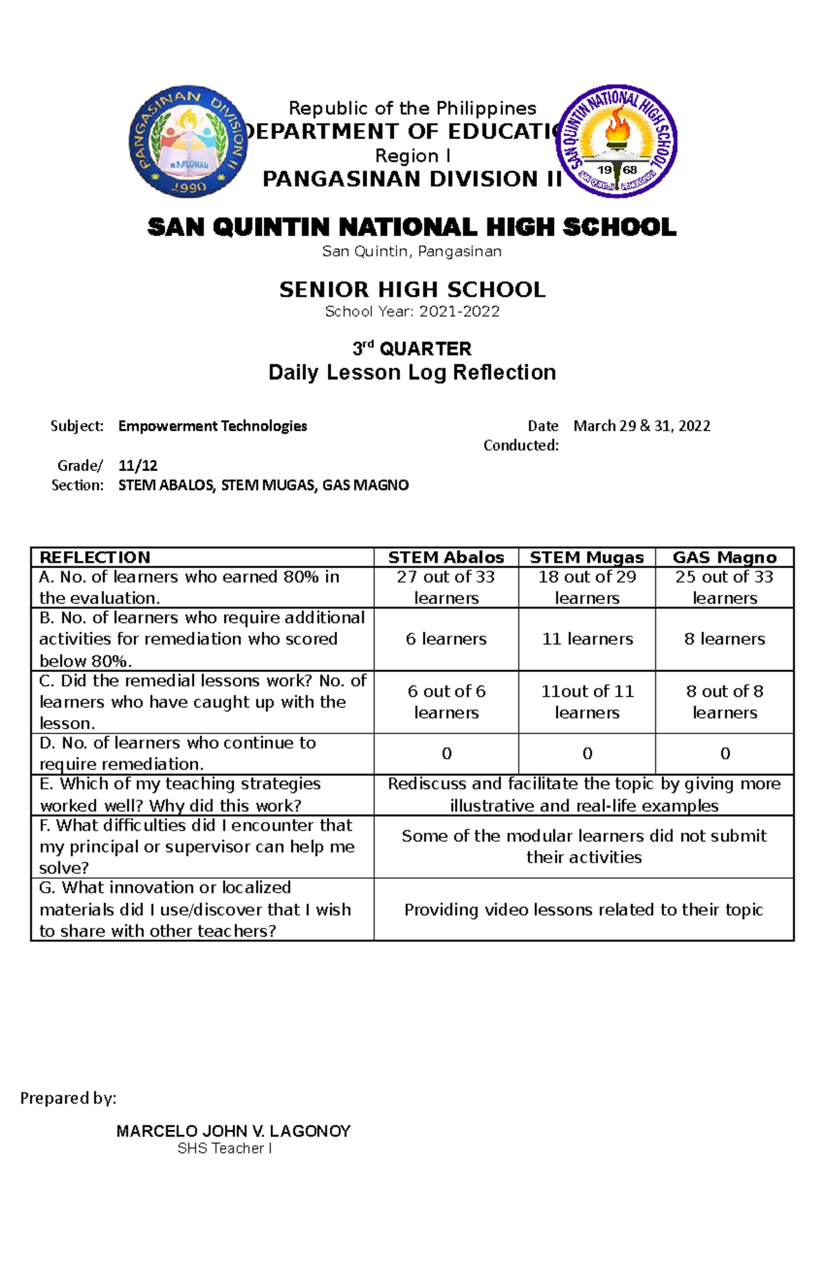MJ- Reflection - Used for Daily Lesson Log - Republic of the ...