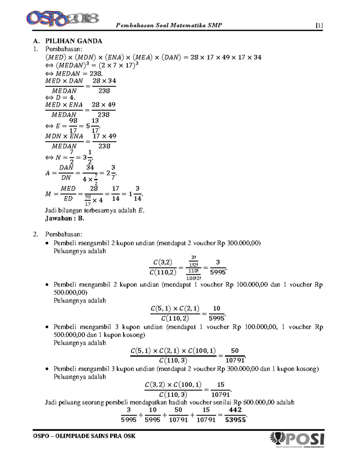 Pembahasan OSPO 2018 MTK SMP-1 - Pembahasan Soal Matematika SMP [1] OSPO – OLIMPIADE SAINS PRA ...