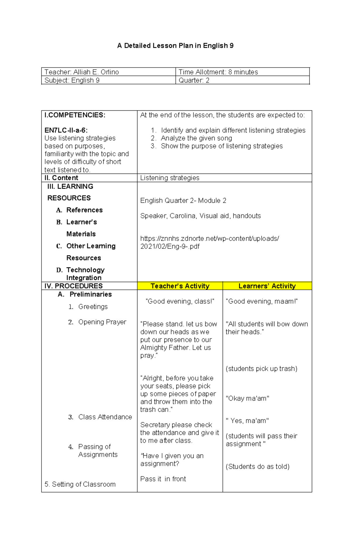 A Detailed Lesson Plan in English 9 - Orlino Time Allotment: 8 minutes ...