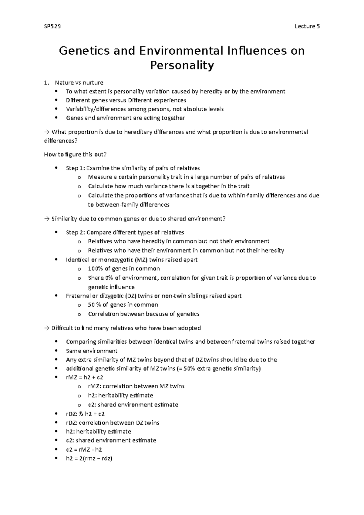 Lecture 5 - Genetics and Environmental Influences on Personality ...