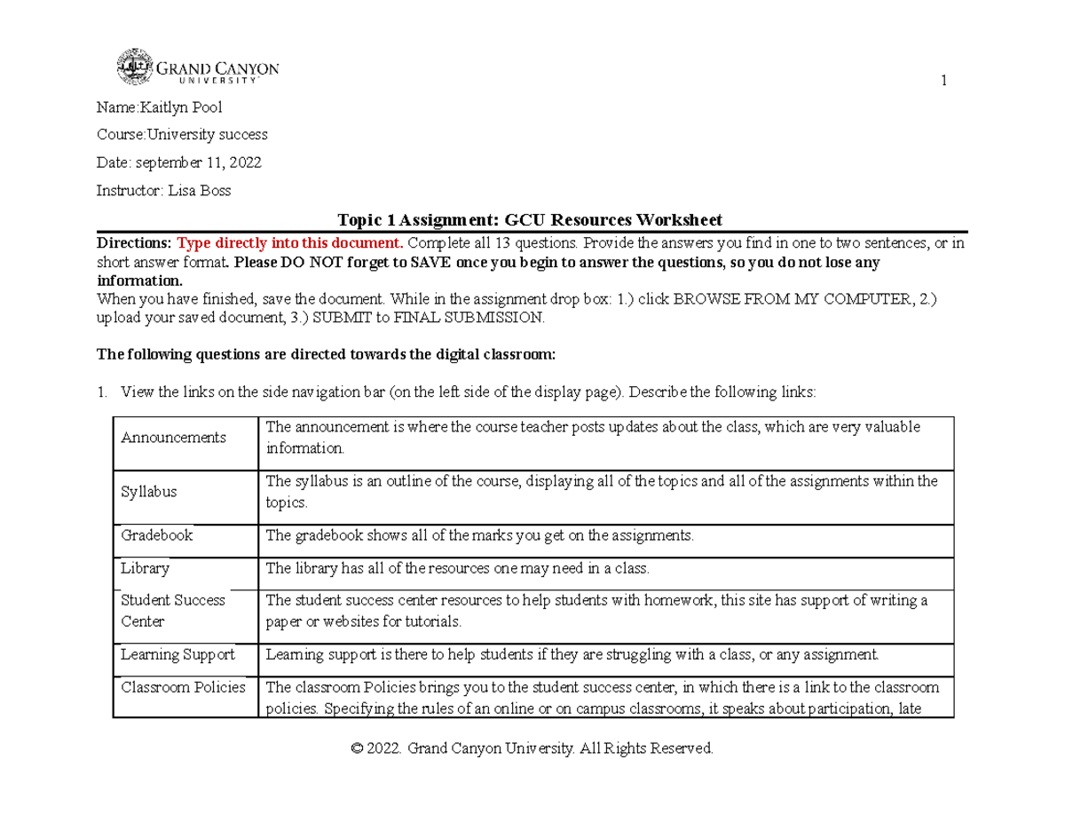 Topic one assignment (university success) - Name:Kaitlyn Pool Course ...