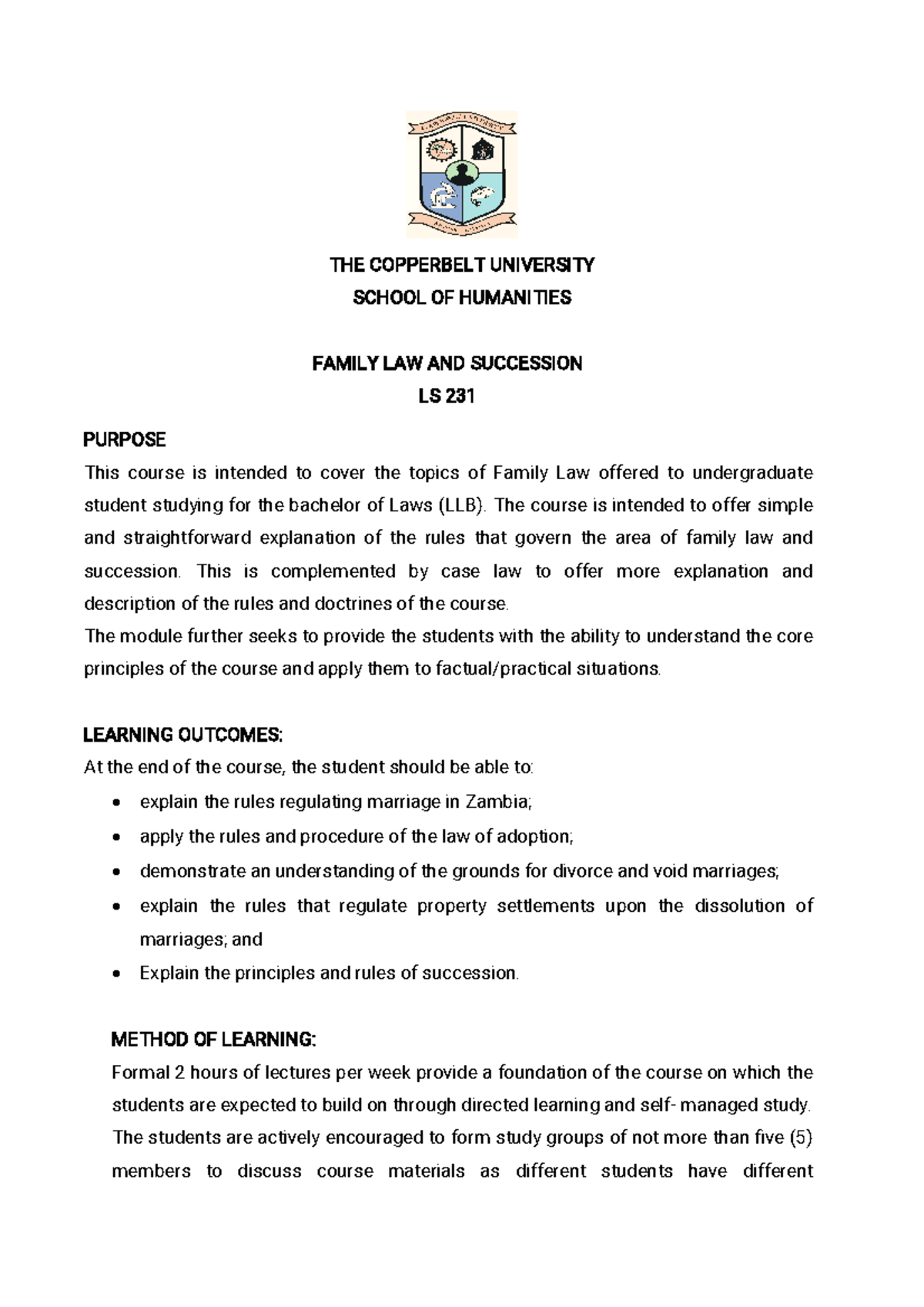 Family Law Course outline - THECOPPERBELTUNIVERSITY SCHOOLOFHUMANITIES ...