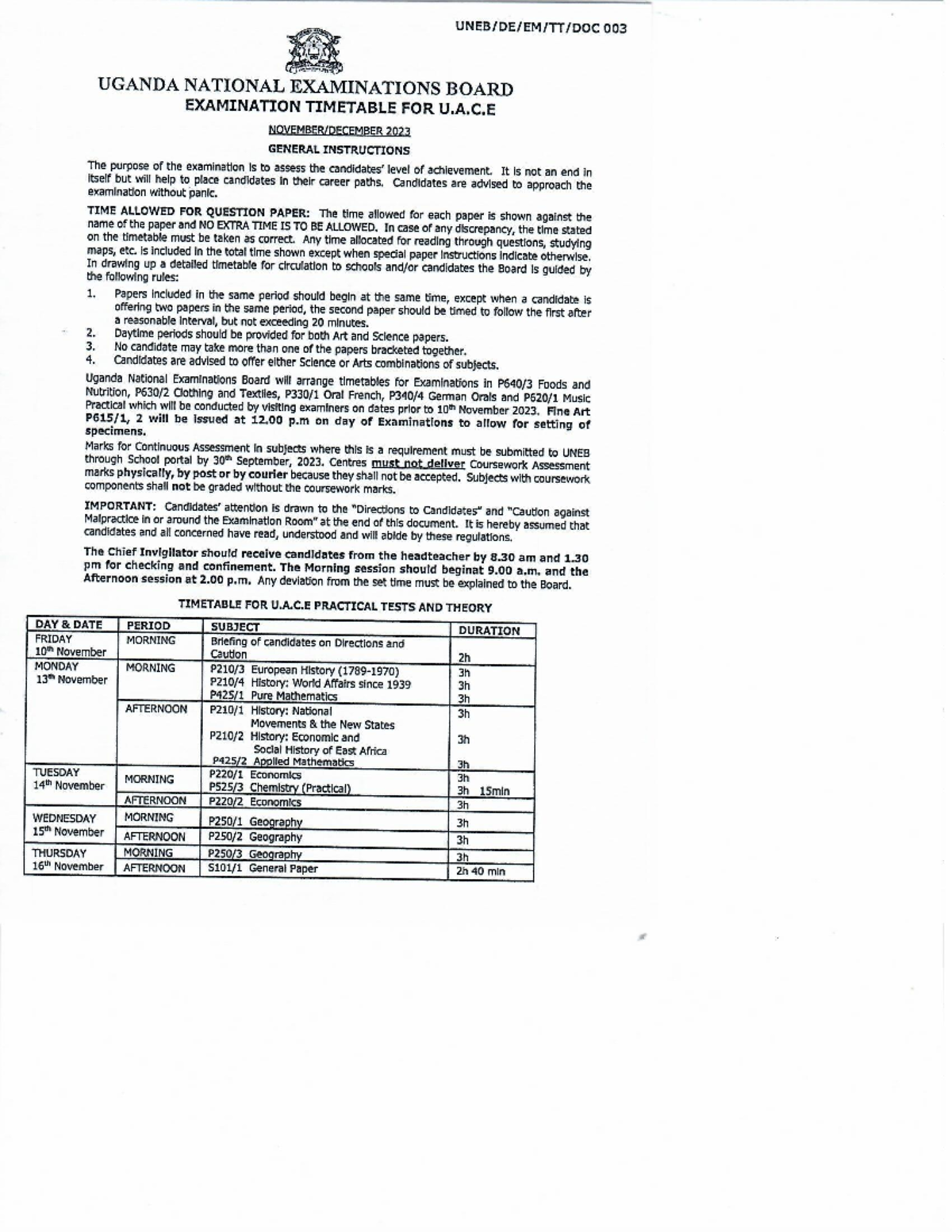 UACE timetable 2023 - Thanks - Studocu