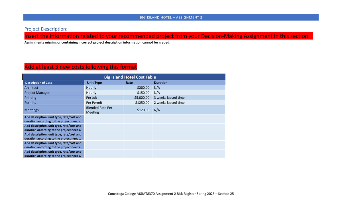 Assignment 2 Risk Register - BIG ISLAND HOTEL – ASSIGNMENT 2 Project ...
