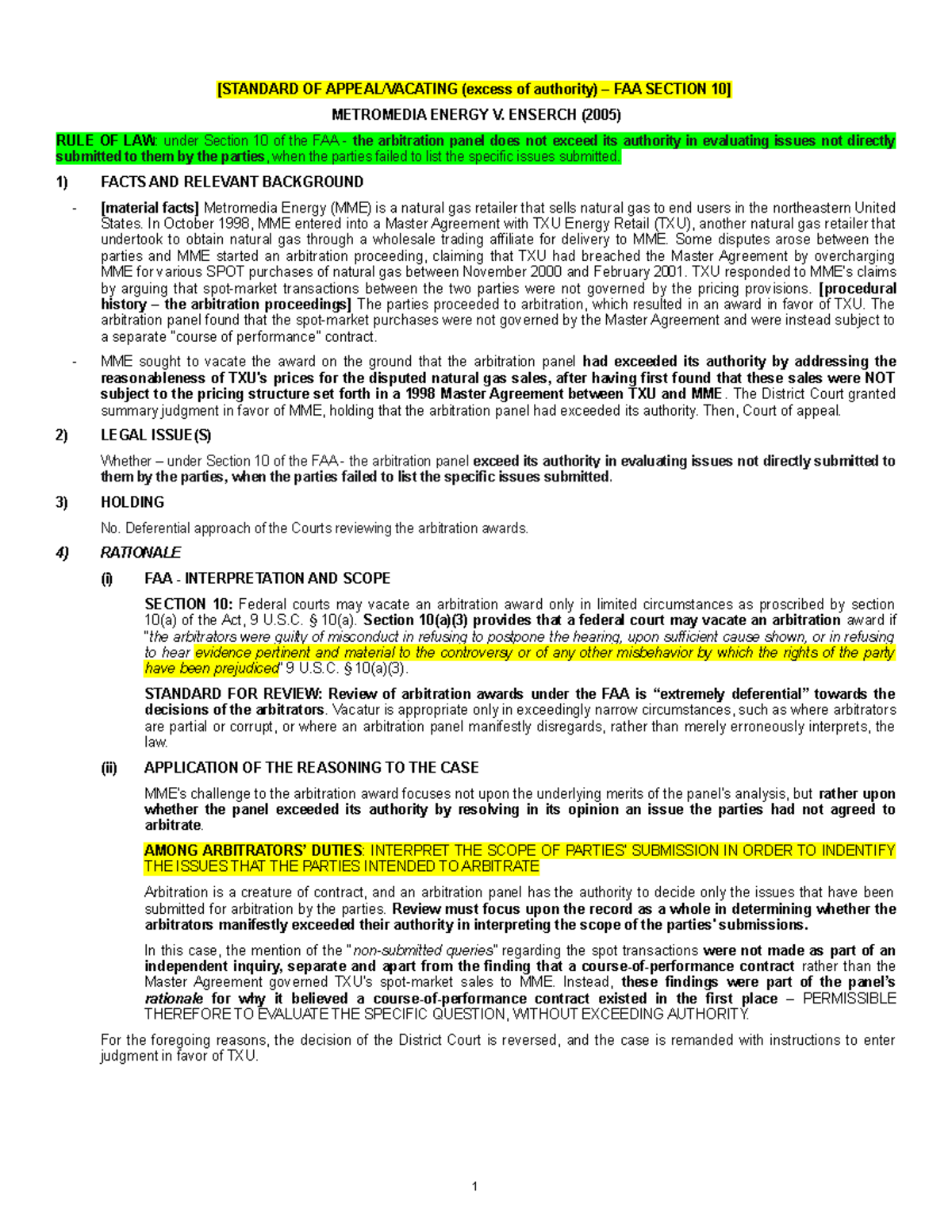 Case brief Metromedia Energy - [STANDARD OF APPEAL/VACATING (excess of ...