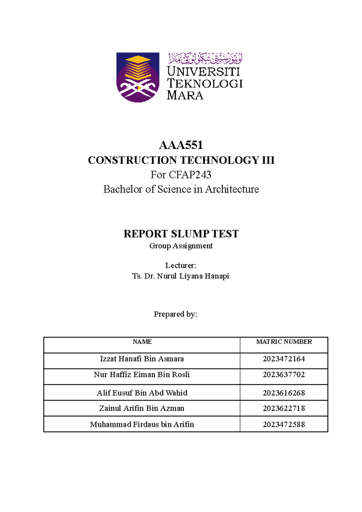 Report Slump TEST - AAA CONSTRUCTION TECHNOLOGY III For CFAP Bachelor ...