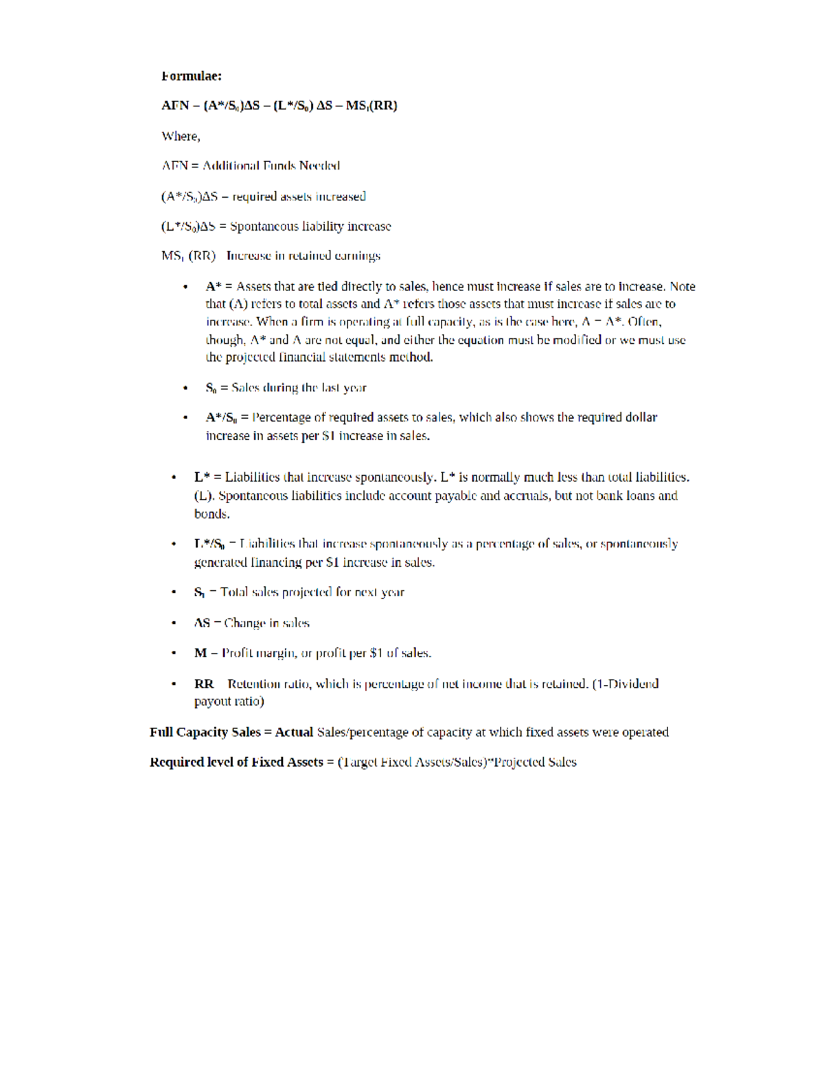 AFN - Equation - Additional Funds Needed Summary - Formulae: AFN AS MS1 ...