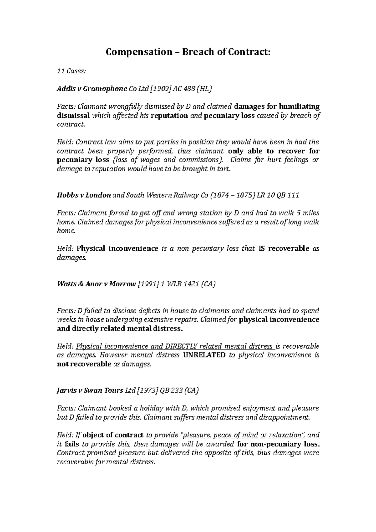 Compensation Breach of Contract: 11 Cases - Studocu