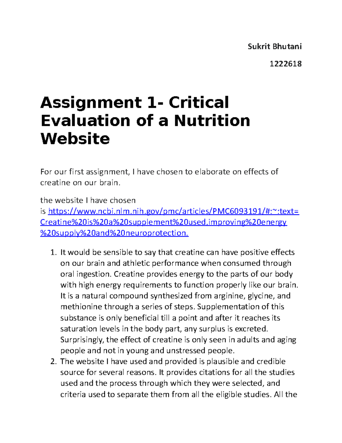 Assg1-nutr - Nutrition Assignment 1 - Sukrit Bhutani 1222618 Assignment ...
