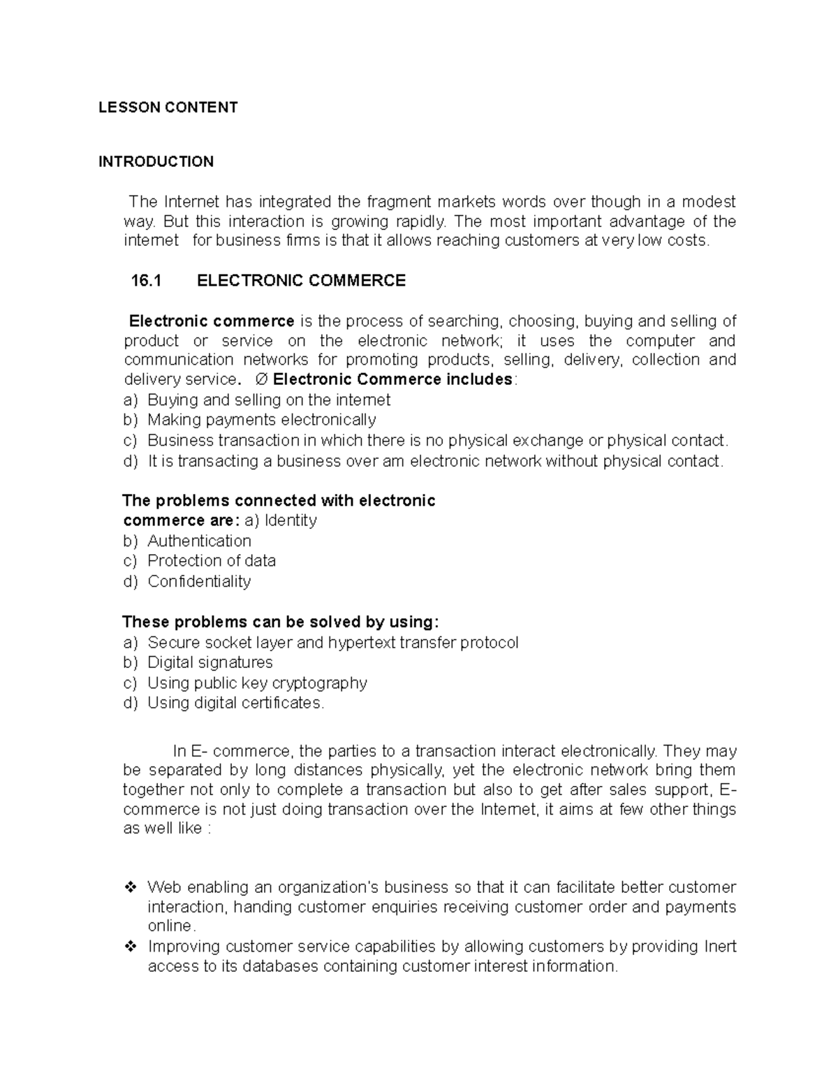 E- Commerce - LESSON CONTENT INTRODUCTION The Internet has integrated ...