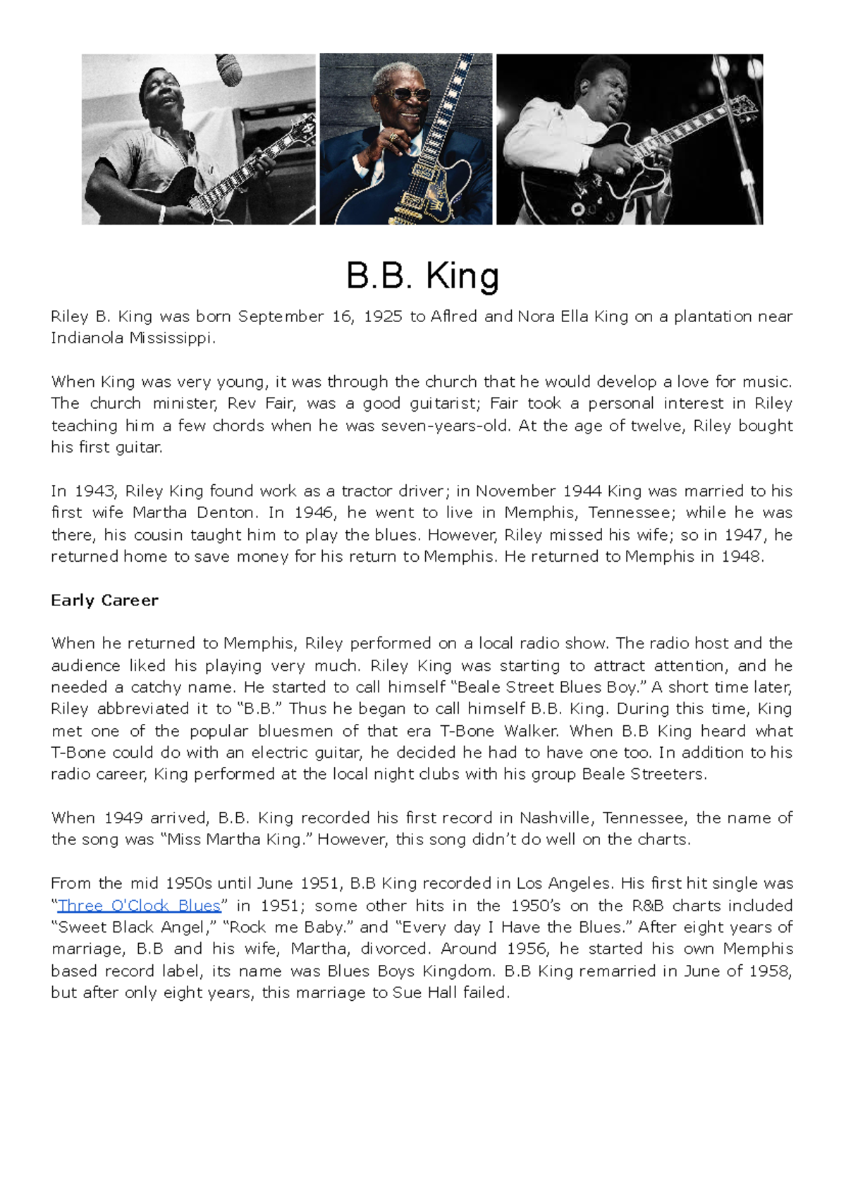 BB King worksheet - B. King Riley B. King was born September 16, 1925 ...
