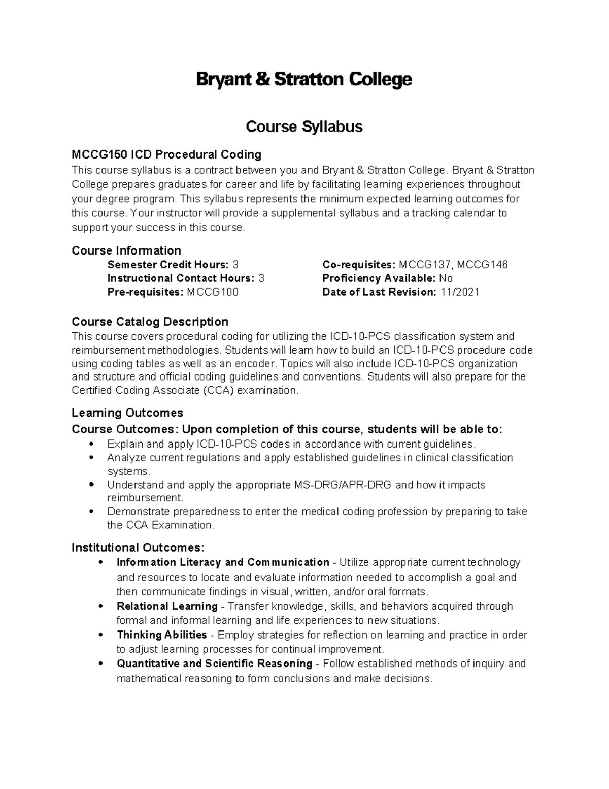 MCCG150 ICD Procedural Coding Syllabus - Course Syllabus MCCG150 ICD ... MCCG150 ICD Procedural Coding Syllabus - Course Syllabus MCCG150 ICD ...