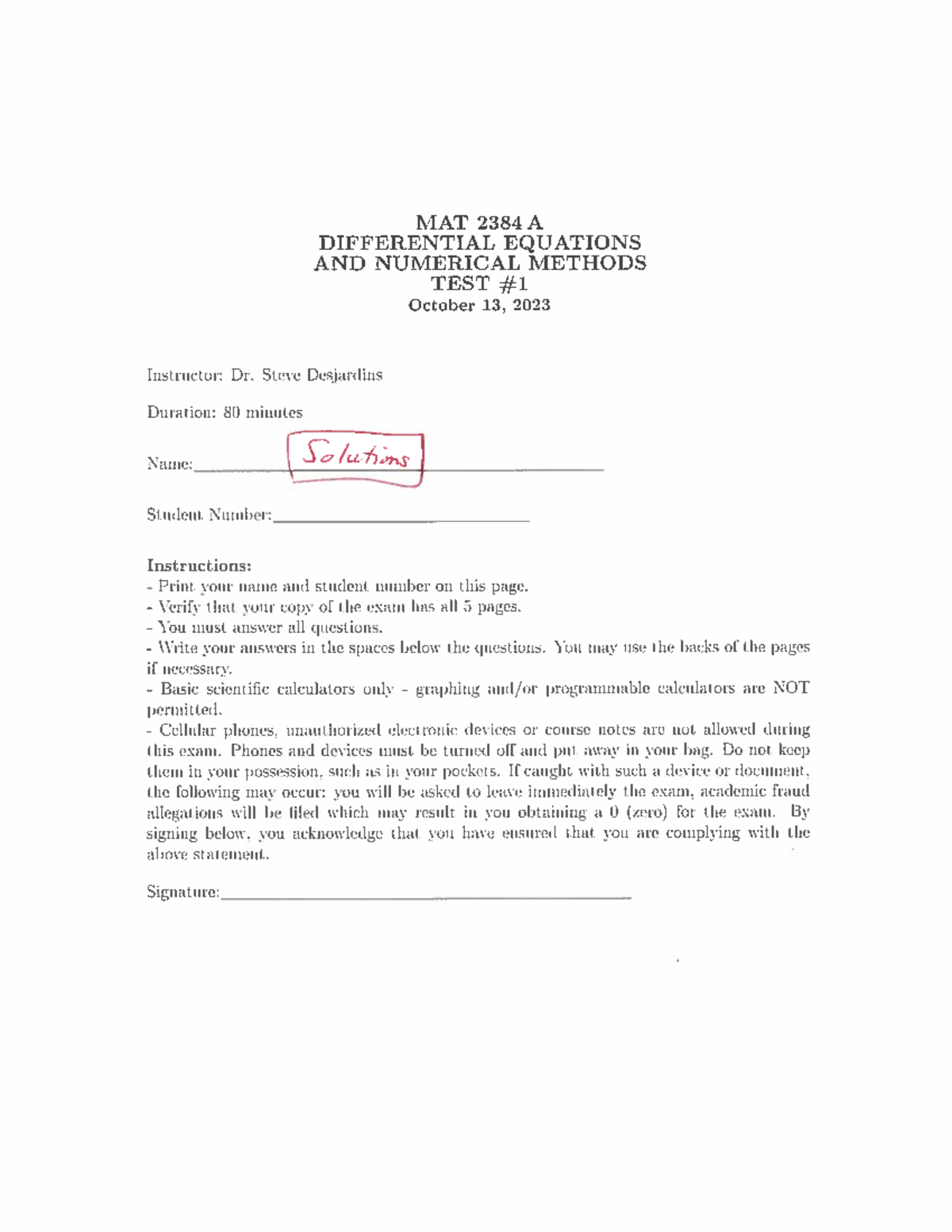 ODE test 1 - Midterm 1 - MAT2384 - Studocu