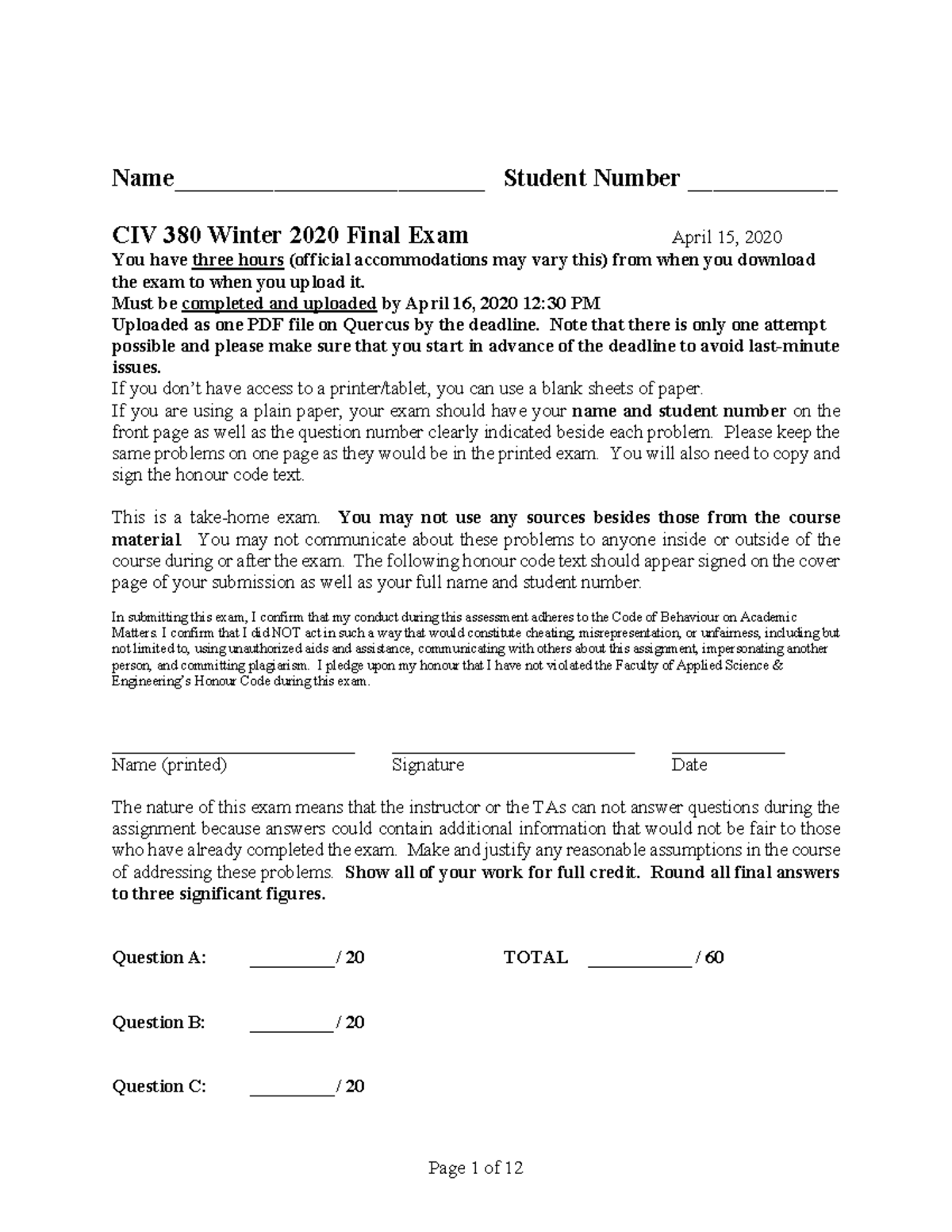 CIV380 final 2020 - Name_________________________ Student Number ...