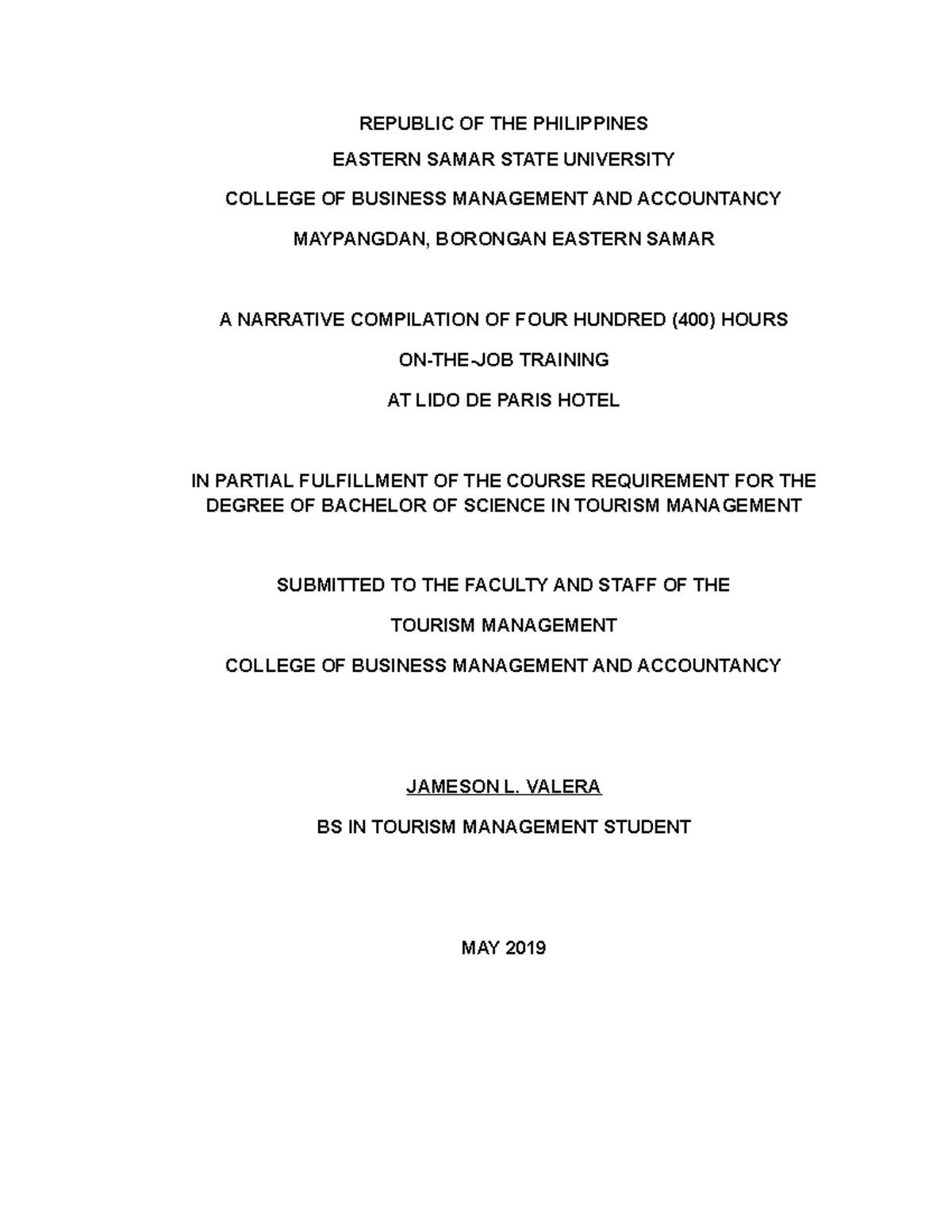 Narrative report - REPUBLIC OF THE PHILIPPINES EASTERN SAMAR STATE ...