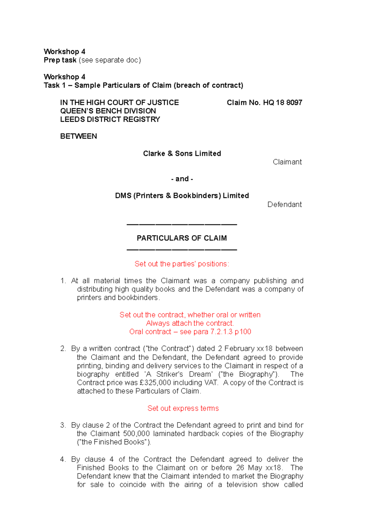DR - WS 4 Drafting the Claim Form and particulars of claim Tasks ...
