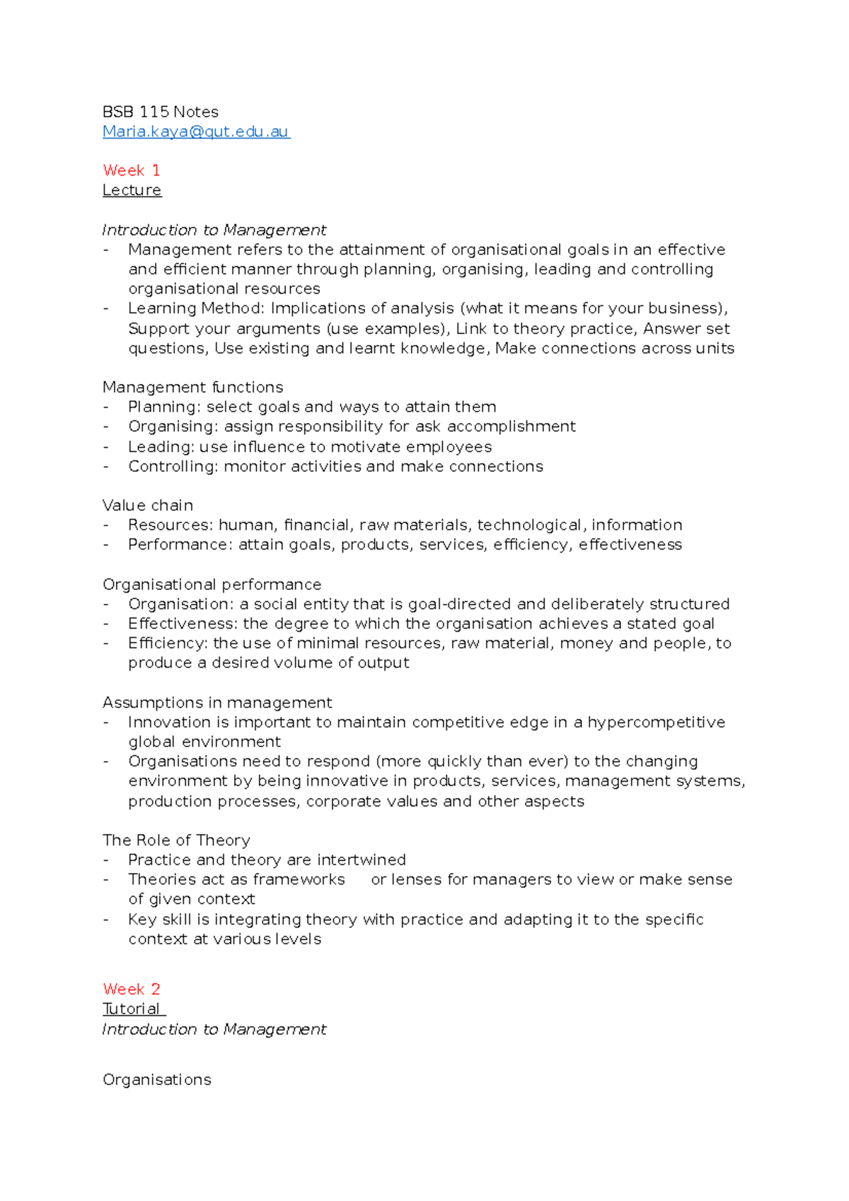 BSB 115 Notes - BSB 115 Notes Maria@qut.edu Week 1 Lecture Introduction ...