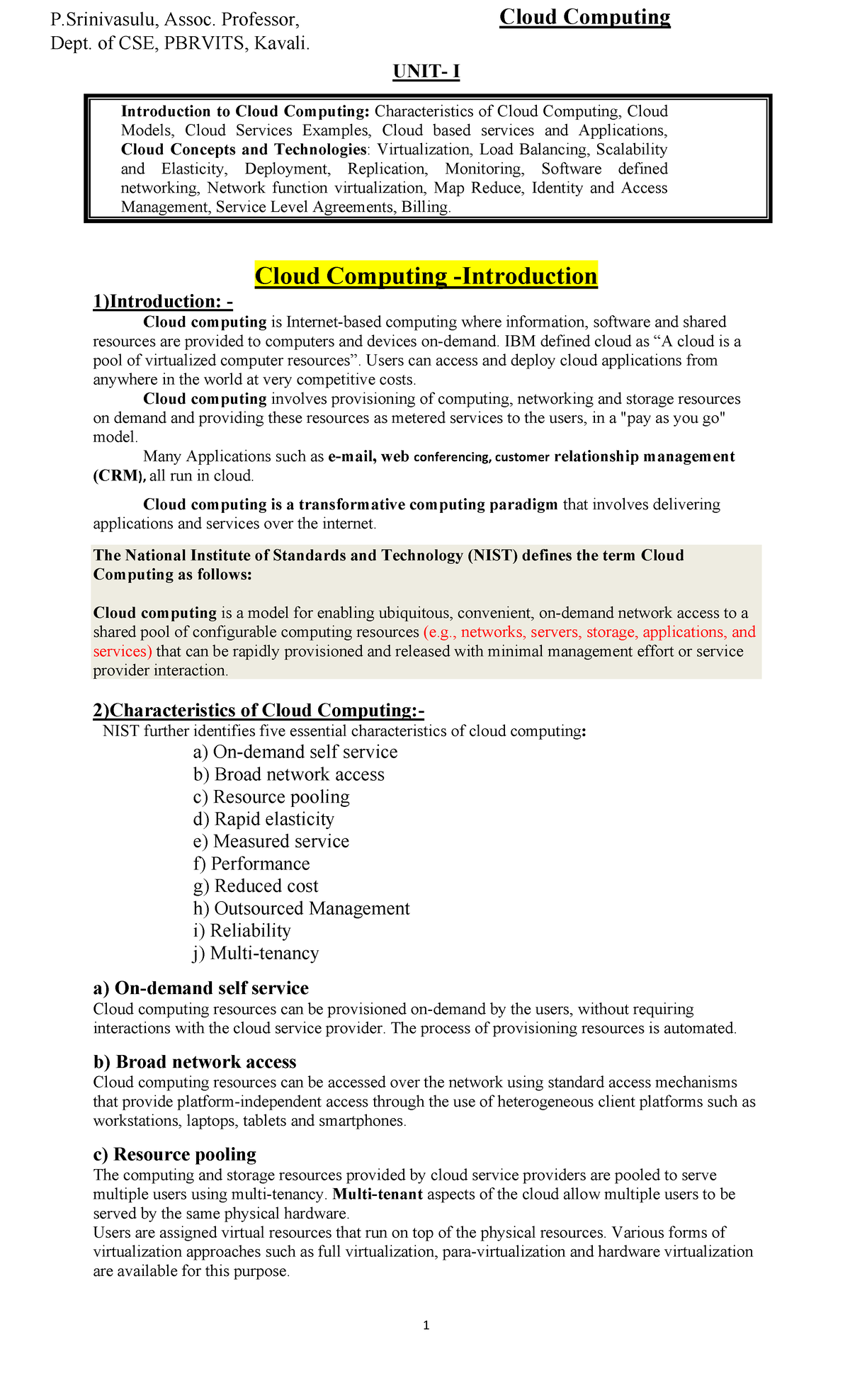 Cc Unit 1 Notes Cloud Computing Is Subject For R19 Regulation P Assoc Professor Dept Of