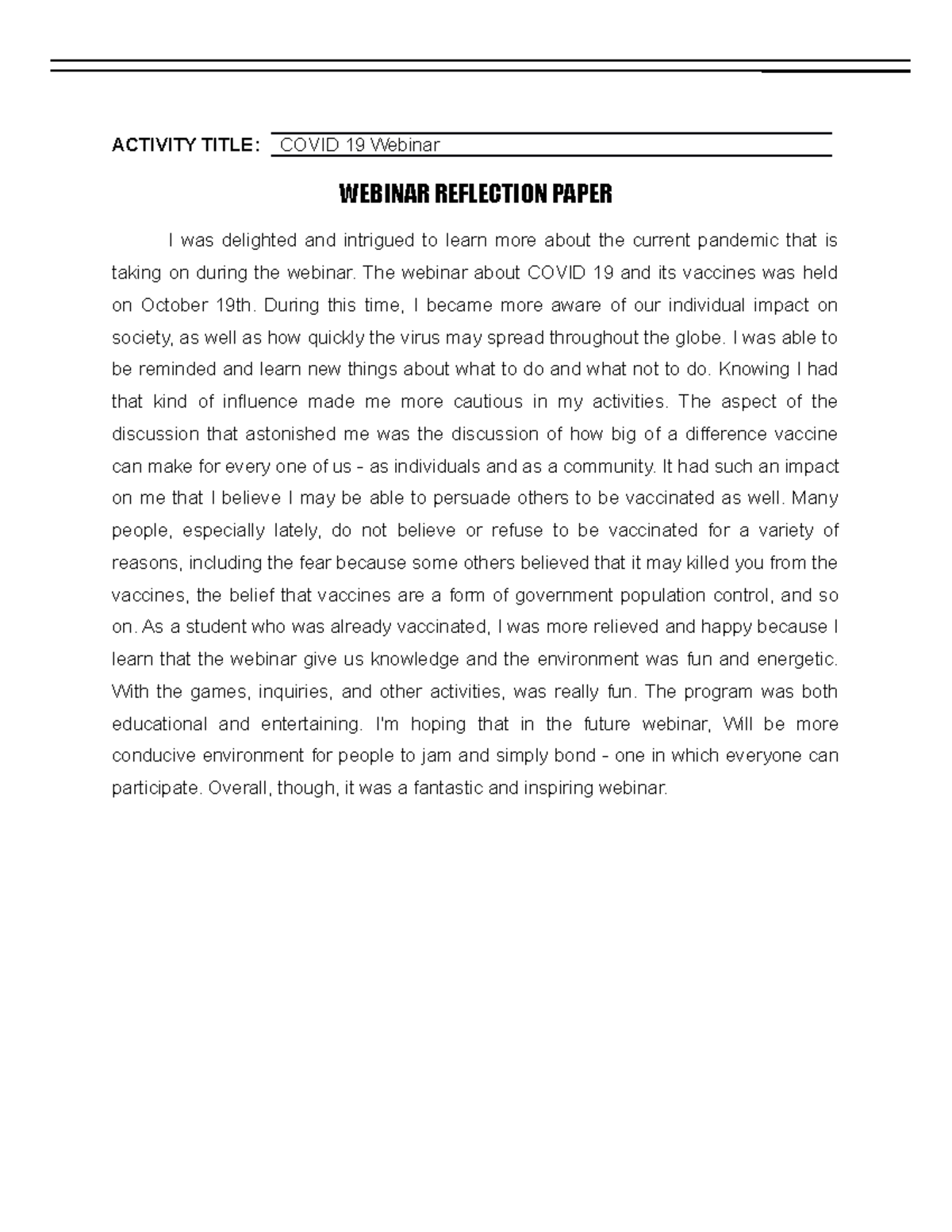 Covid 19-Webinar - essay - ACTIVITY TITLE: COVID 19 Webinar WEBINAR ...