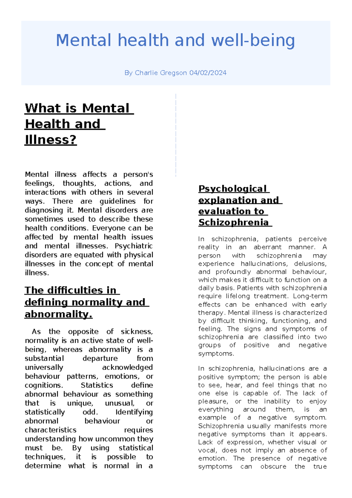 Mental Health and Illness unit 14 - Mental health and well-being By ...