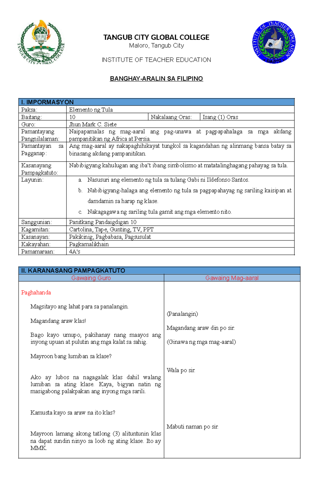 4A'S - Elemento ng Tula - TANGUB CITY GLOBAL COLLEGE Maloro, Tangub ...