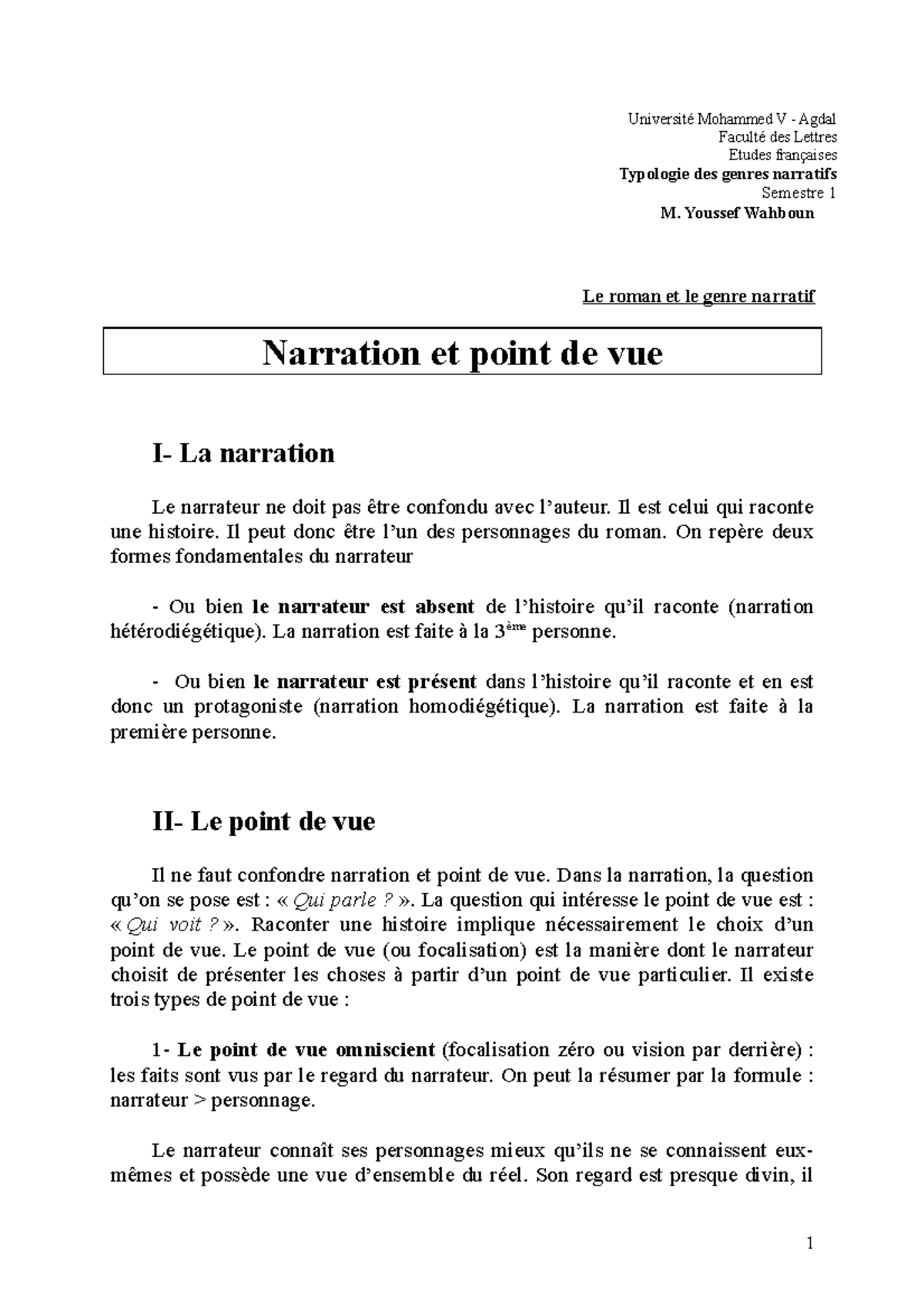 Narration et point de vue - Université Mohammed V - Agdal Faculté des ...