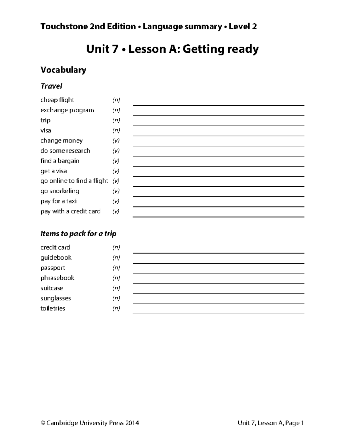 TS2e L2 U7 LA Langsum - Repaso para examen - Touchstone 2nd Edition • Language summary • Level 2 ...